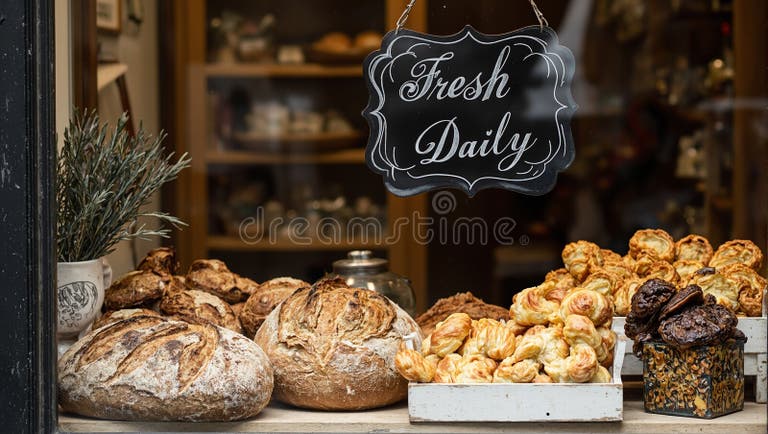 Warm Bakery Display with Fresh Bread Pastries and Fresh daily Sign ...