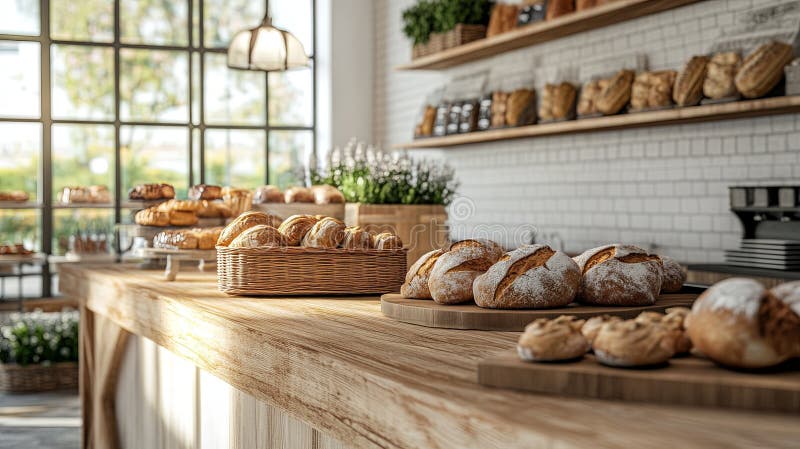 A Warm Bakery Setup Featuring Fresh Bread Loaves and Pastries in a ...