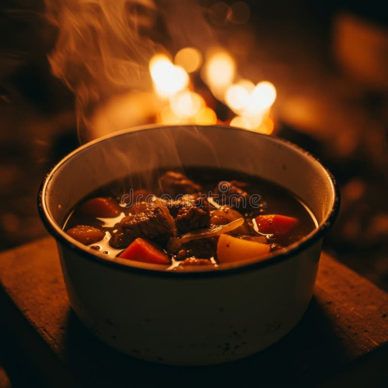 Warm Beef Stew by Campfire at Night Stock Illustration - Illustration ...