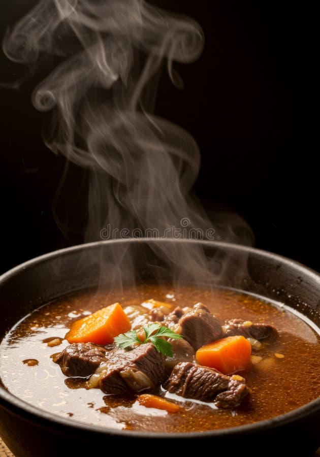 Warm Beef Stew with Carrots in Dark Bowl Stock Photo - Image of dinner ...