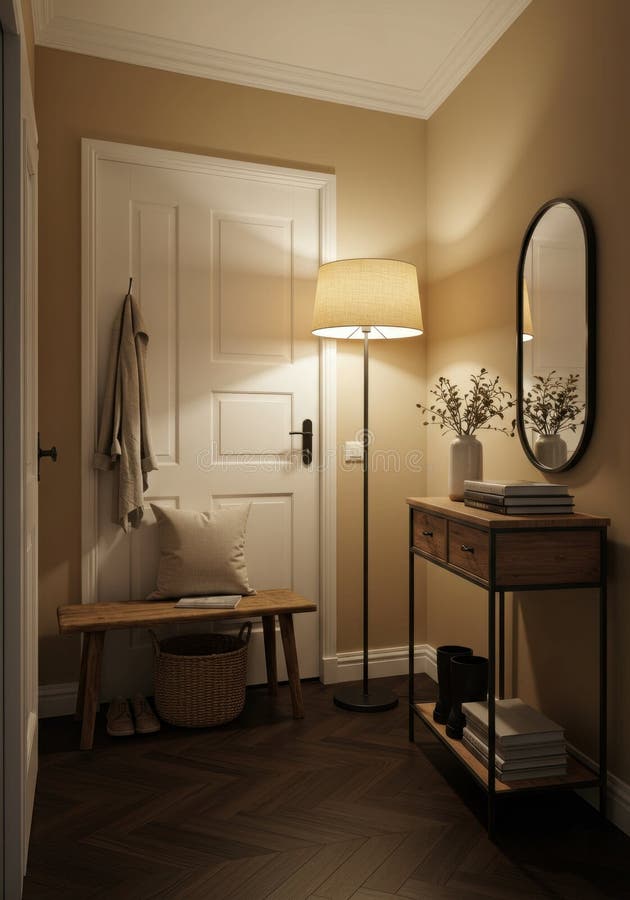Warm Beige Entryway with Wooden Console Table and Floor Lamp Stock ...