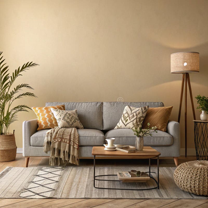 Warm Beige Living Room with Gray Sofa Stock Photo - Image of cozy, room ...