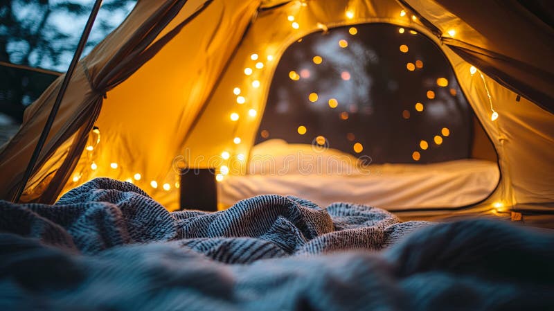 Warm Blankets and Fairy Lights Inside Rooftop Tent, Cozy Camp at Night ...