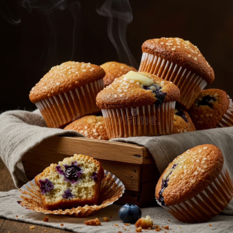 Warm Blueberry Muffins in Rustic Wooden Box Stock Illustration - Illustration of homemade, still ...