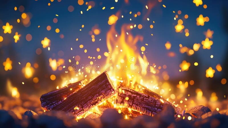 Warm Bonfire with Glowing Embers and Floating Starry Lights at Night ...