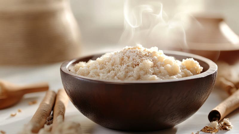 Warm Bowl of Steaming Oatmeal with Cinnamon Sticks on a Rustic Wooden ...