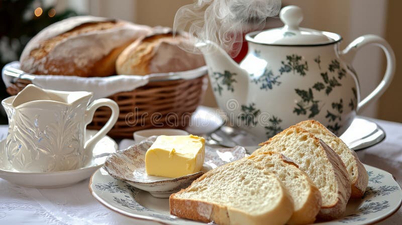 Warm Bread, Butter, and Tea; Cozy Breakfast Scene Stock Image - Image ...