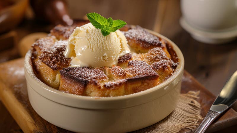 A Warm Bread Pudding with a Golden Crust, Served with a Scoop of ...