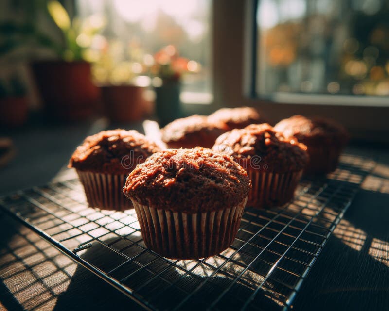 Warm Brown Chocolate Muffins Cooling on Wire Rack in Sunlight Stock ...