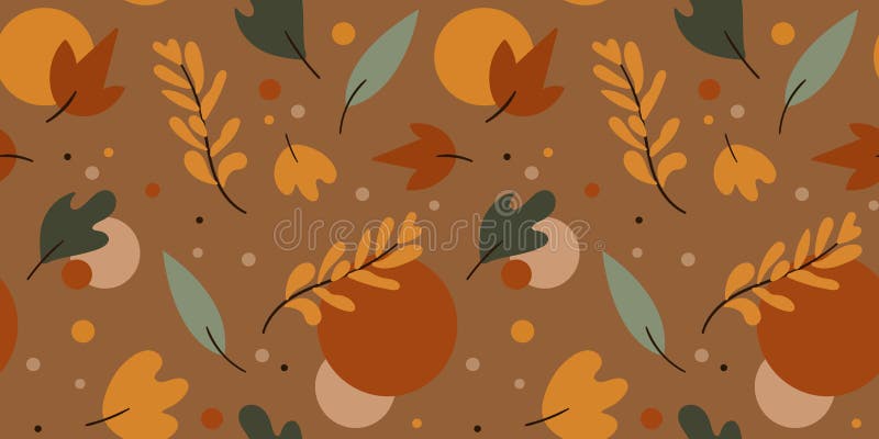 Warm Brown Minimalist Autumn Seamless Pattern with Leaves, Branches ...