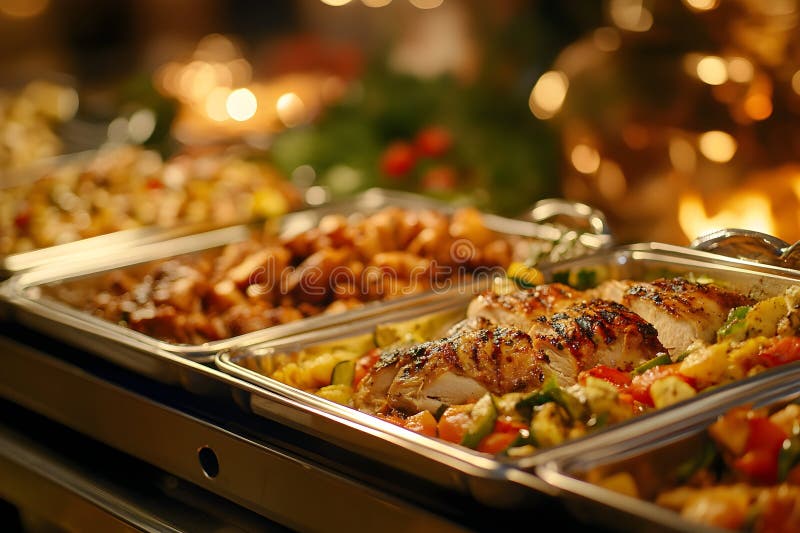 Warm Buffet Setting Featuring Grilled Chicken and Vegetables Under Soft ...