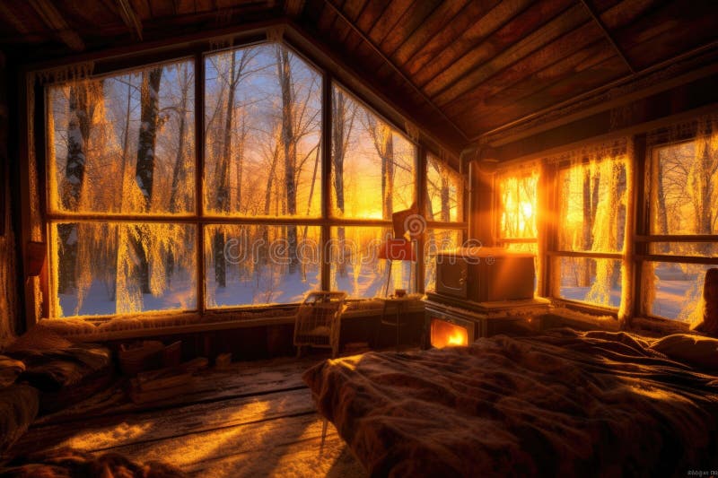 Warm Cabin Glow through Frosty Windows Stock Illustration ...