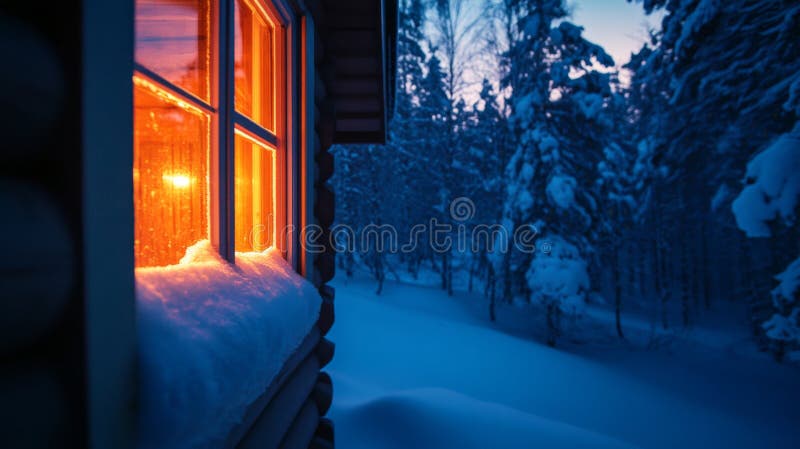 Warm Cabin Window Glowing in Snowy Forest at Night Stock Illustration ...