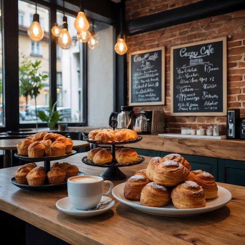 Warm Cafe Atmosphere with Freshly Brewed Coffee, Pastries, and Comfortable Seating Stock Photo ...