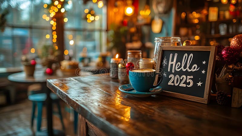 Warm Cafe Interior with a Cup of Coffee & Sign Saying Hello 2025 ...