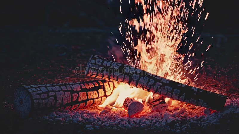 Warm Campfire with Burning Logs in a Dark Setting, Night Camping and ...