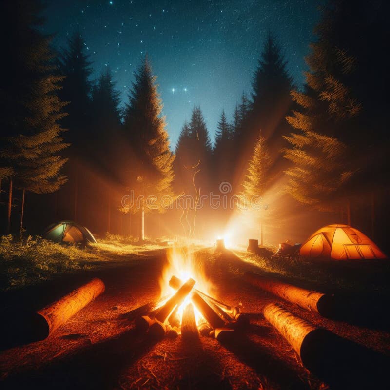 Campfire Burning in Forest Clearing Stock Image - Image of wilderness ...