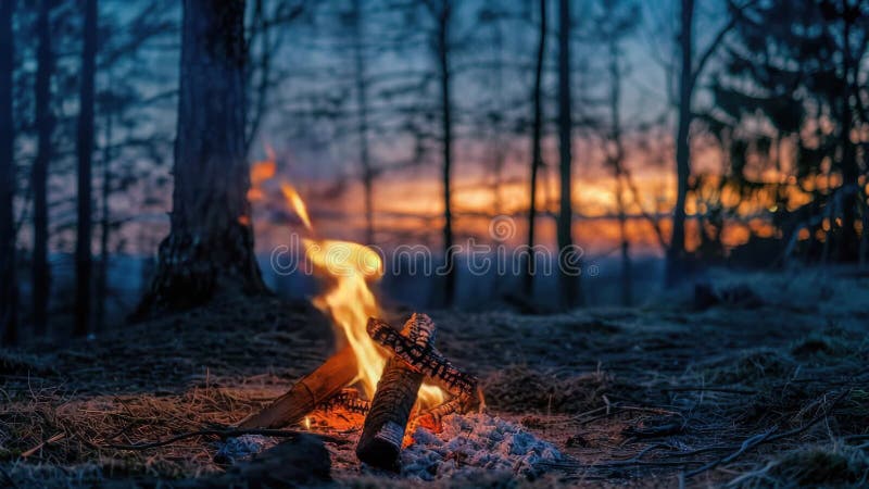 A Warm Campfire Surrounded by Trees in a Forest during Sunset Stock ...
