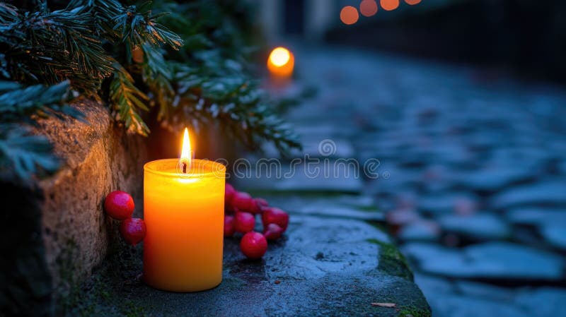Warm Candlelight on Cobblestone Path with Evergreen and Red Berries ...