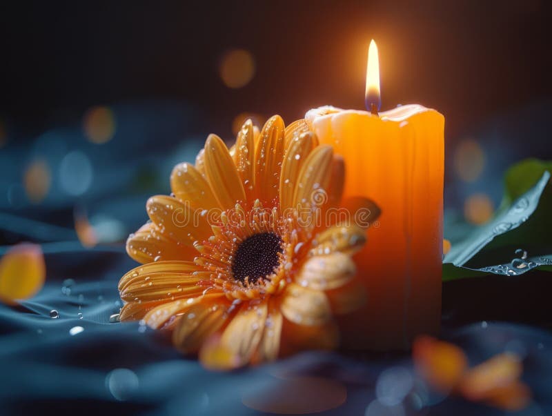 Warm Candlelight with Dew-Covered Flower on Dark Background - Tranquil ...