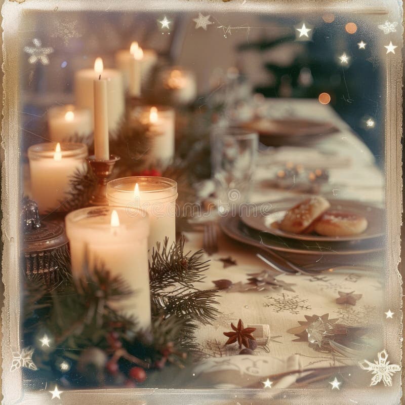 Warm Candlelight and Festive Decorations on Rustic Holiday Table ...