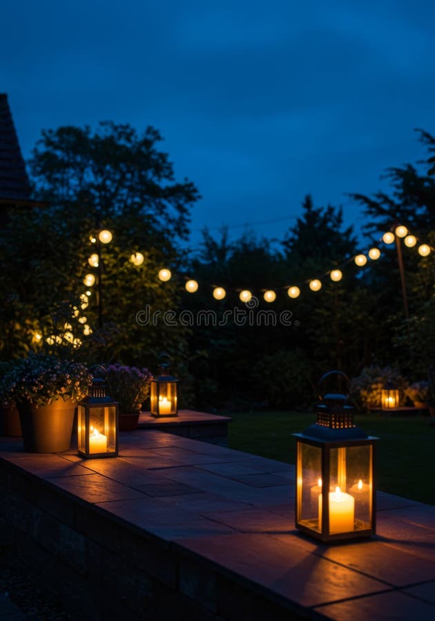 Warm Candlelight and String Lights Illuminate a Serene Garden at Night ...