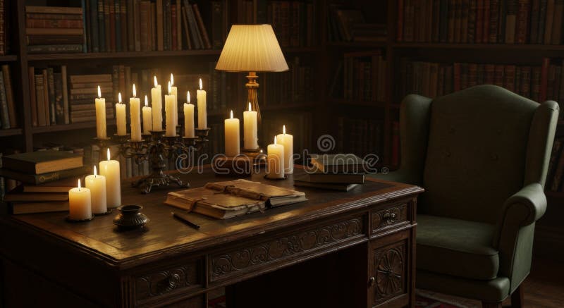 Warm Candlelit Library Interior with Antique Desk Stock Illustration ...