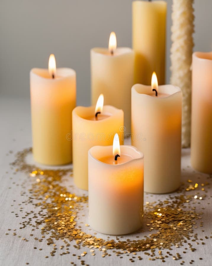 Warm Candles with Sparkling Confetti in Soft Light. Stock Image - Image ...