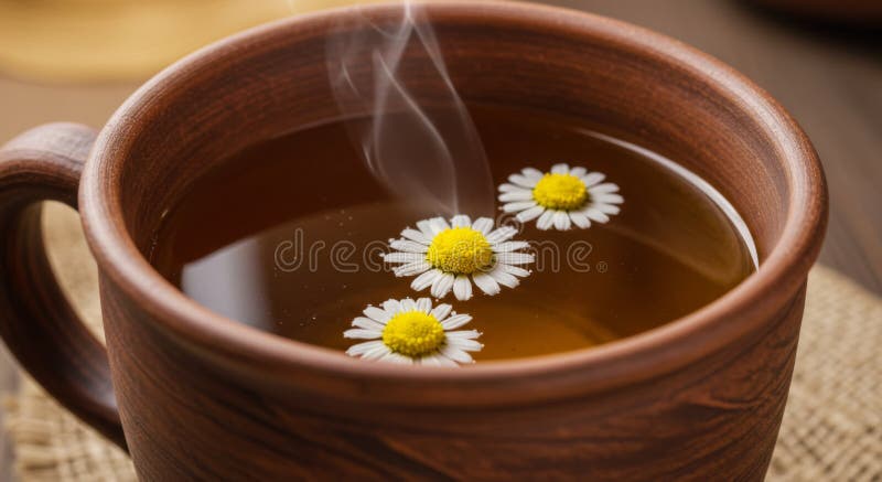 Warm Chamomile Tea in Brown Clay Mug Stock Illustration - Illustration ...