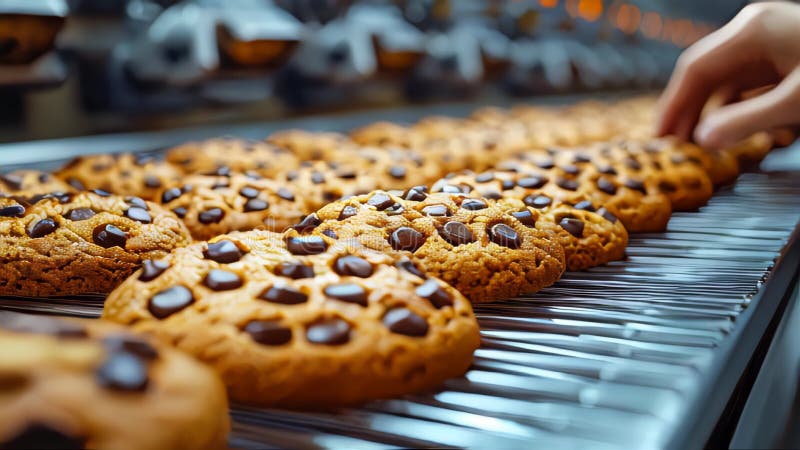 Warm Chocolate Chip Cookies Moving on a Production Line, with a Hand ...