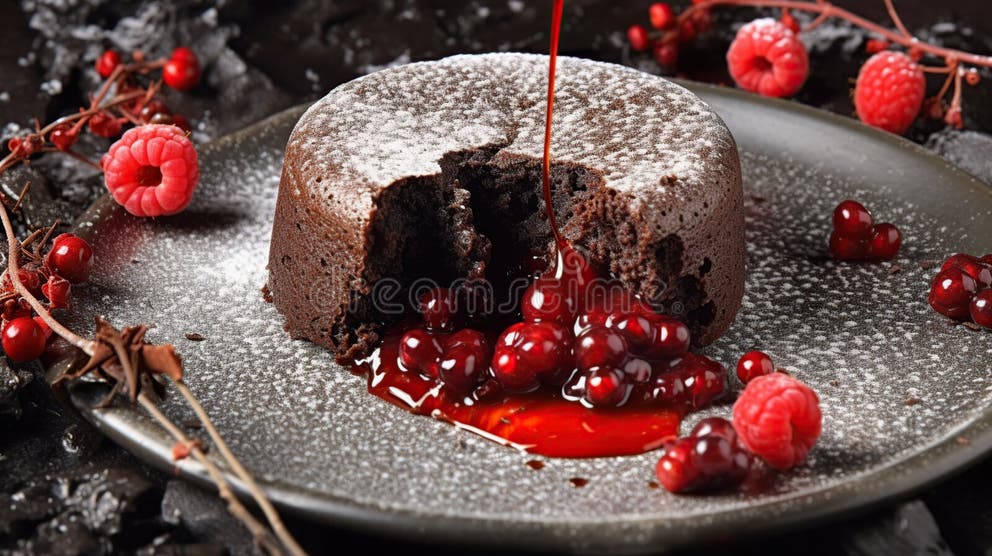 Warm Chocolate Lava Cake with Bite Generative AI Stock Illustration ...
