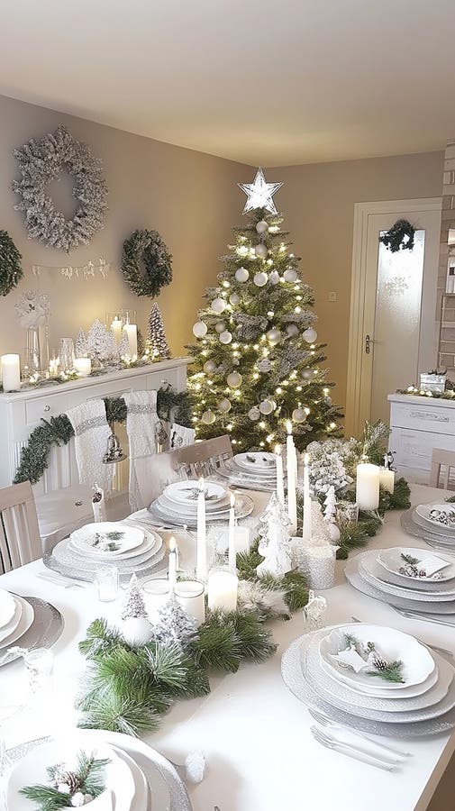 Warm Christmas Eve Dinner Setup with Lights and Candles Stock ...