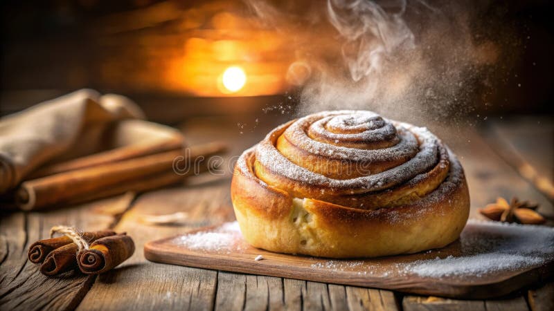 Warm Cinnamon Roll Pastry with Powdered Sugar Dusting on Rustic Wooden ...