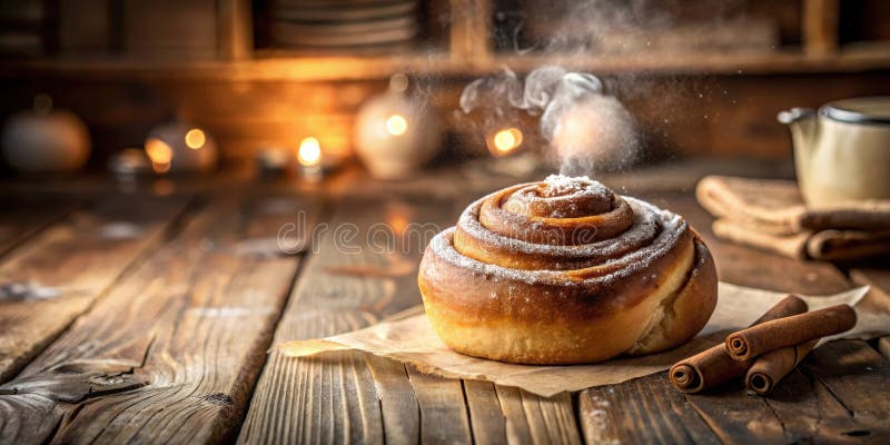 Warm Cinnamon Roll with Powdered Sugar on Rustic Wooden Table ...