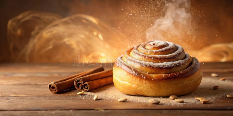Warm Cinnamon Roll with Sugar Dusting and Aromatic Spices on Rustic ...