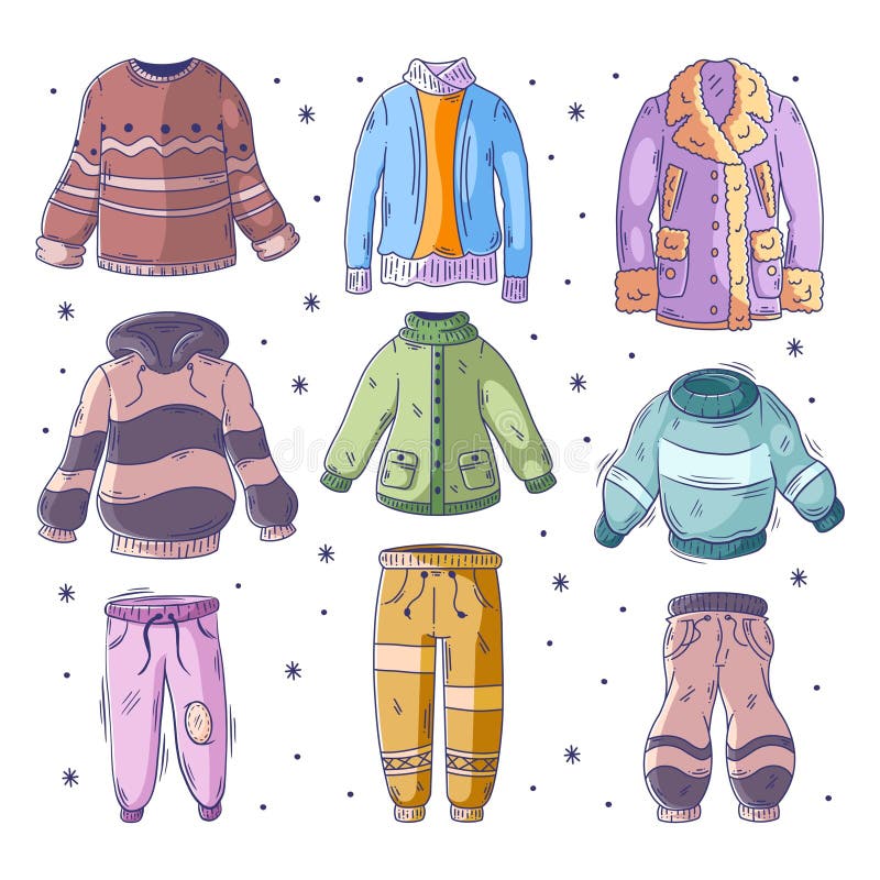 Warm Clothes Hand Drawn Doodle Full Color Stock Vector - Illustration ...