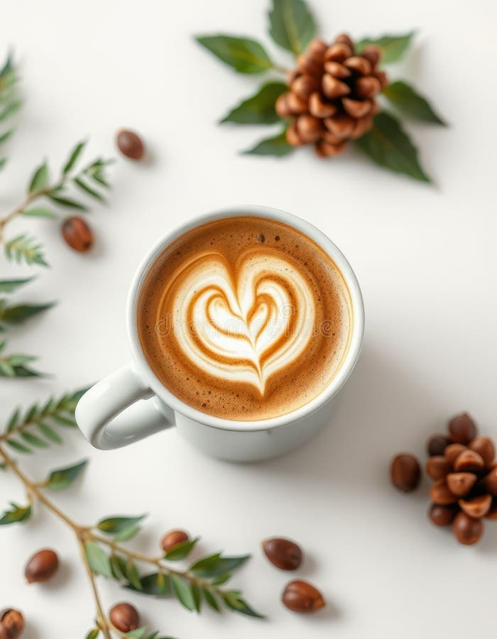 Warm Coffee Cup Adorned with Latte Art and Decorative Elements in a ...