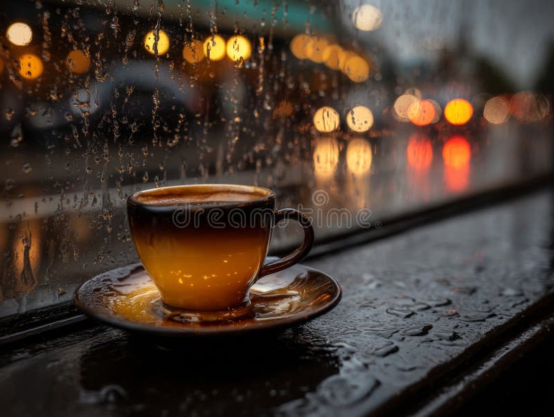 Warm Coffee Cup on Rainy Night City Window Stock Illustration ...