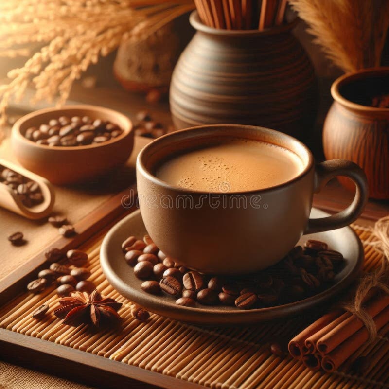 A Warm Coffee Cup with Roasted Coffee Beans Artfully Placed on a Bamboo ...