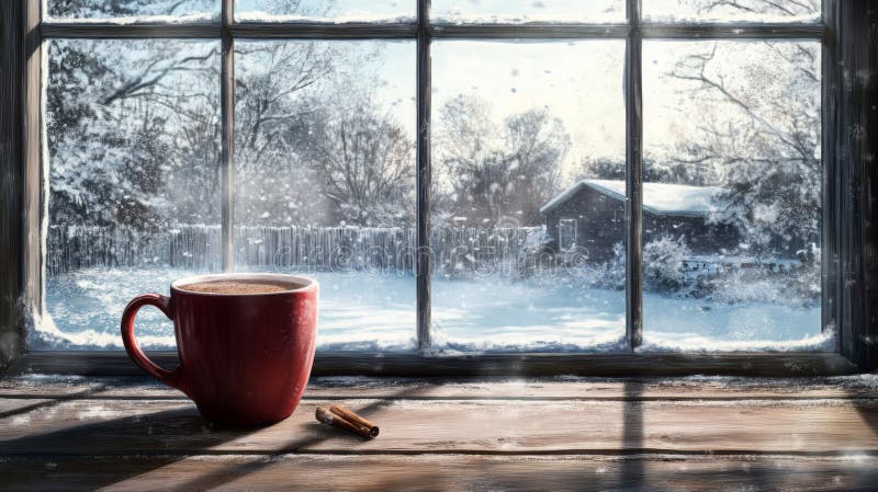 Warm Coffee Cup beside a Snowy Window with a Rustic View of Trees and a ...