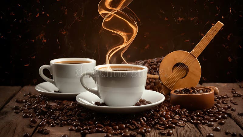 Warm Coffee Cups Surrounded by Aromatic Roasted Coffee Beans and ...