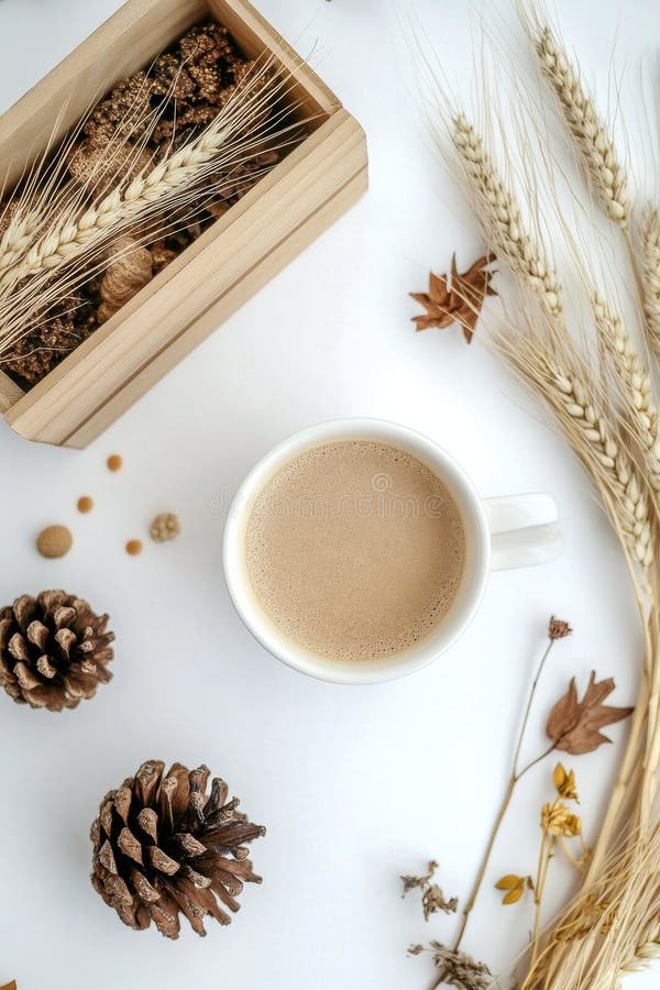 Warm Coffee with Pinecones and Dried Wheat on a Minimalistic Table ...