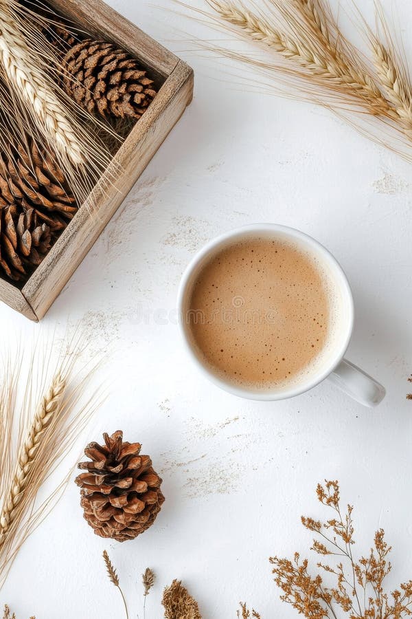 Warm Coffee with Pinecones and Dried Wheat on a Minimalistic Table ...