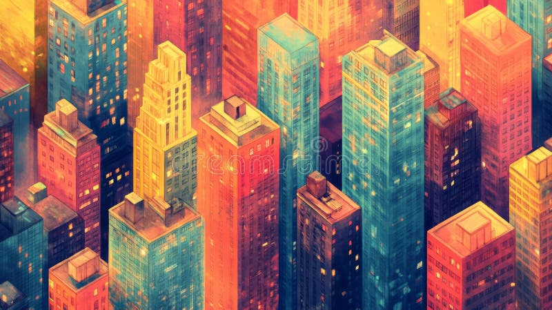 Warm Colored City Skyline Isometric Illustration Stock Illustration ...