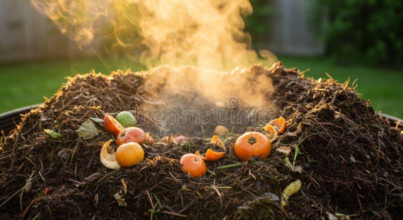 Warm Compost Pile Steaming in Backyard Garden Stock Illustration ...