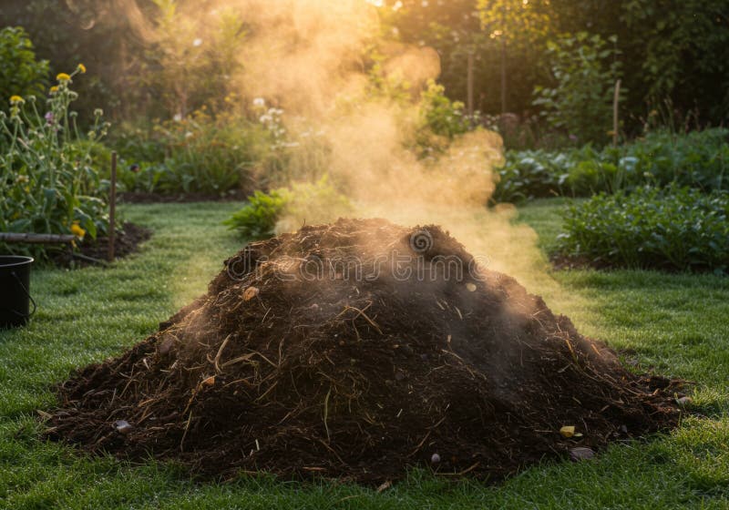 Warm Compost Pile Steaming at Sunrise in a Garden Stock Illustration ...