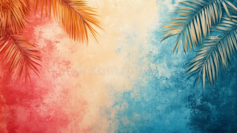 Warm and Cool Tropical Palm Leaves on Textured Background Stock ...