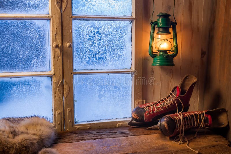 Warm Cottage in a Winter Evening Stock Image - Image of season, lamp ...