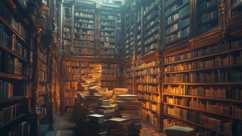 Warm and Cozy Ancient Library Filled with Books and Soft Lighting Stock ...