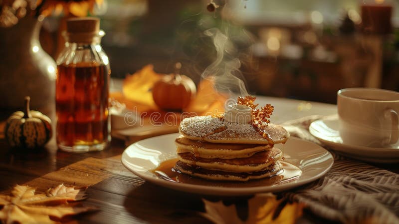 Warm and Cozy Autumn Breakfast Scene with Pancakes, Maple Syrup, Coffee ...